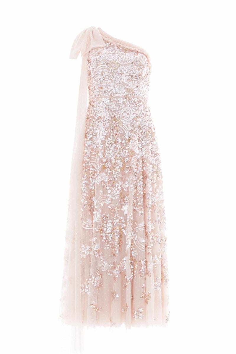 Baroque Floral One-Shoulder Bow Ankle Gown – Champagne | Needle & Thread