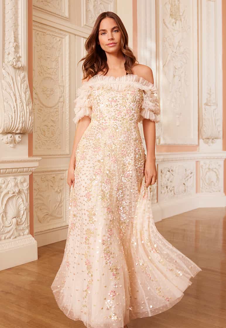 Confetti Ruffle Off-Shoulder Ankle Gown – Champagne | Needle & Thread