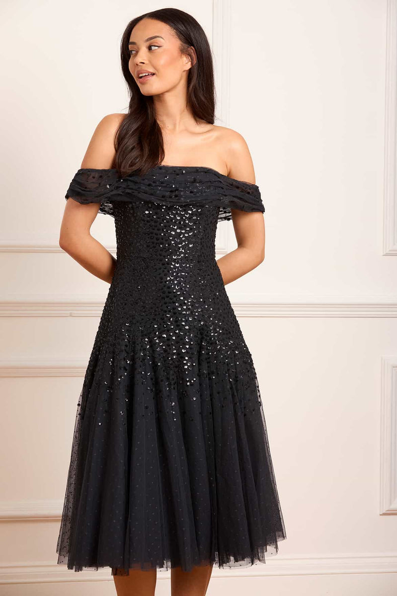 Dappled Sequin Draped Off-Shoulder Midaxi Dress – Black | Needle & Thread