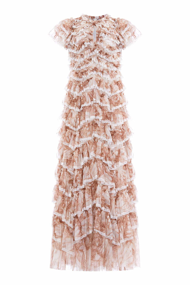 Flutter Ruffle Lace Gown – Brown | Needle & Thread