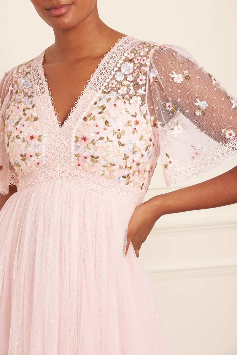 Garland Ribbon Bodice Ankle Gown – Pink | Needle & Thread