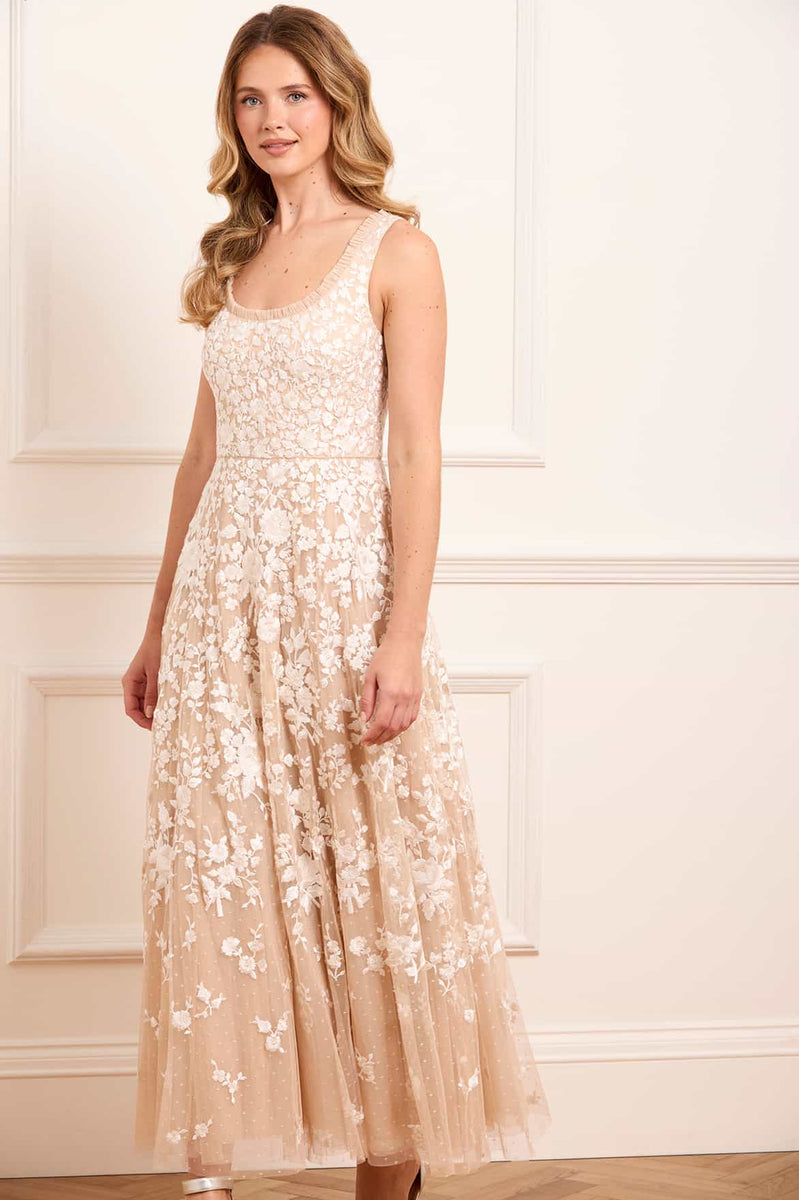 Rosa Scoop Neck Ankle Gown – Beige | Needle & Thread