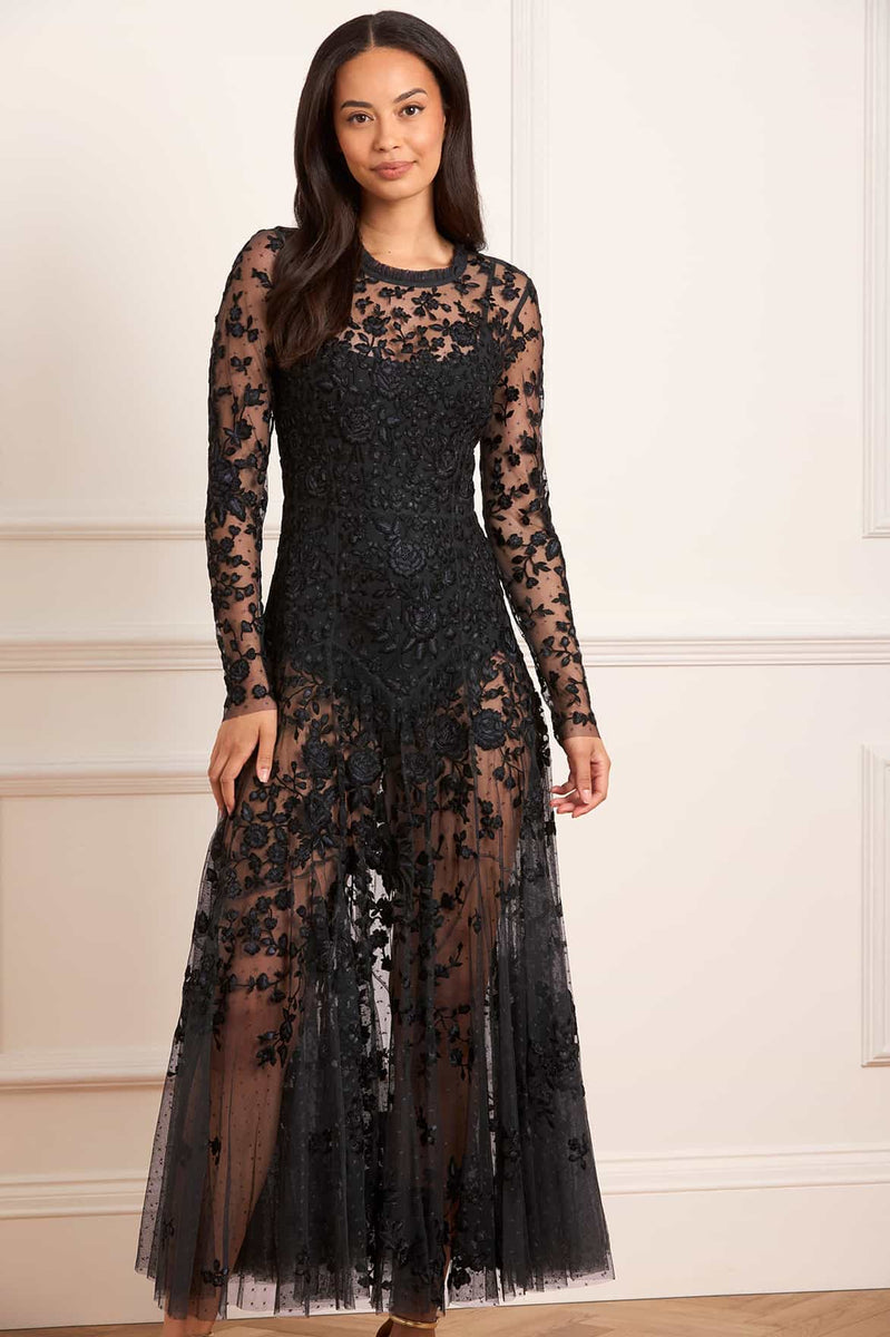 Rosa Sheer Ankle Gown – Black | Needle & Thread