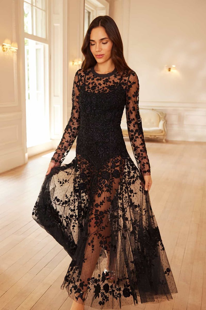Rosa Sheer Ankle Gown – Black | Needle & Thread