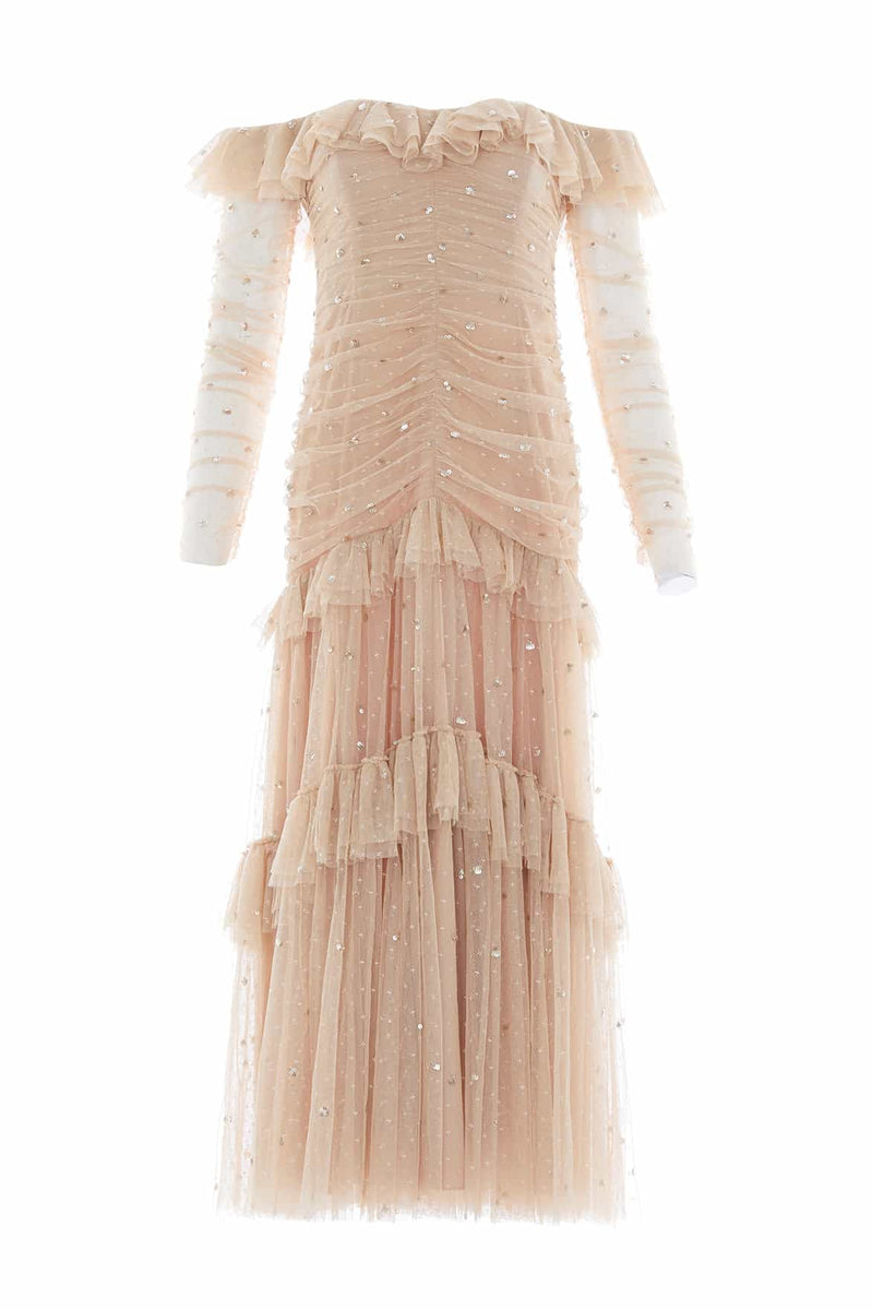 Sequin Glimmer Rouched Off-Shoulder Gown – Beige | Needle & Thread